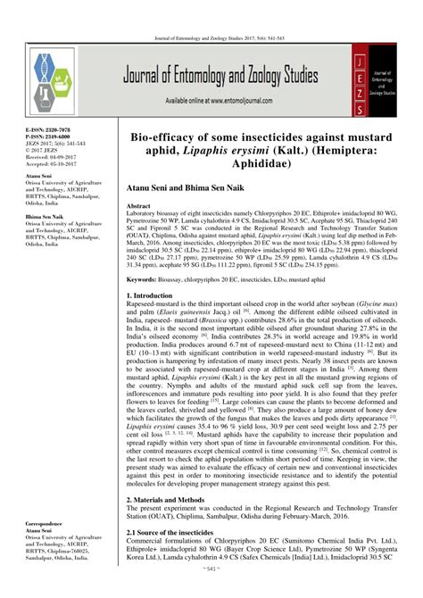 Pdf Bio Efficacy Of Some Insecticides Against Mustard Aphid Lipaphis Erysimi Kalt
