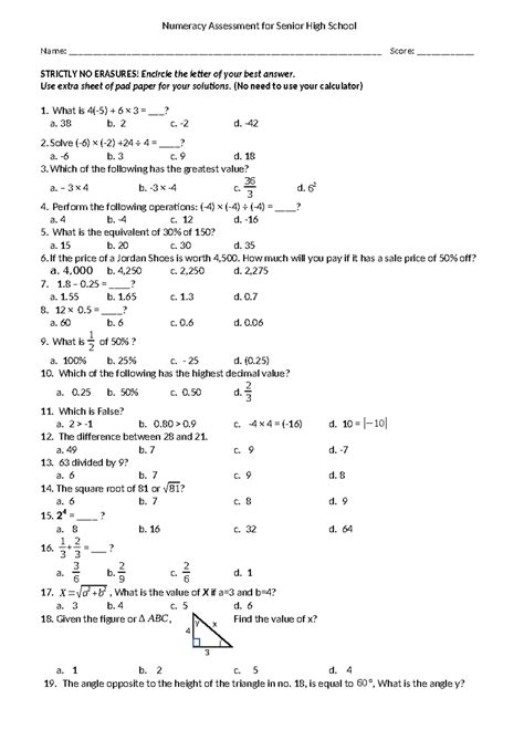 Quiz Gen Math Numeracy Assessment For Senior High School Name Studocu