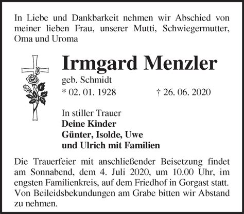 Traueranzeigen von Irmgard Menzler Märkische Onlinezeitung Trauerportal