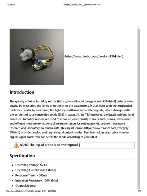 Turbidity Sensor Sku Sen0189 Dfrobot Pdf Sensor Digital Signal