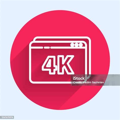 화이트 라인 온라인 긴 그림자격리 4k 울트라 Hd 비디오 기술 아이콘비디오 재생 플레이 사인이있는 필름 스트립 빨간색 원 버튼입니다 벡터 일러스트레이션 4k해상도에 대한