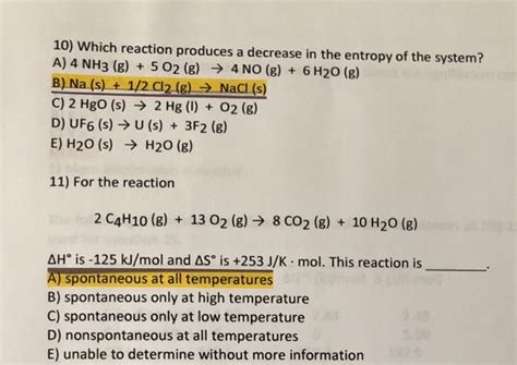 Solved 10 Which Reaction Produces A Decrease In The Entropy