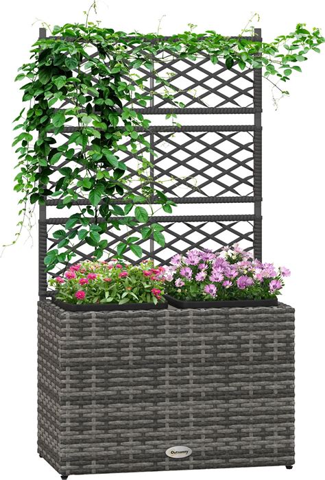 Outsunny 22L Garden PE Rattan Planter With Trellis Free Standing