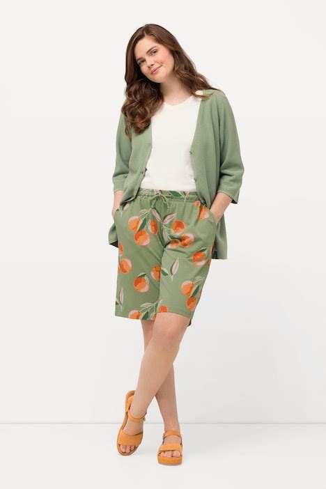 Eco Cotton Peach Print Elastic Waist Shorts Sage Ulla Popken