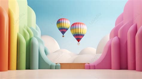 3d 렌더링 상업 디자인 배경의 화려한 무지개와 열기구 빈 연단 디스플레이 화려 배경 연단 배경 빈 풍선 배경 이미지 Hd 화려 연단 빈 풍선 배경 사진 무료