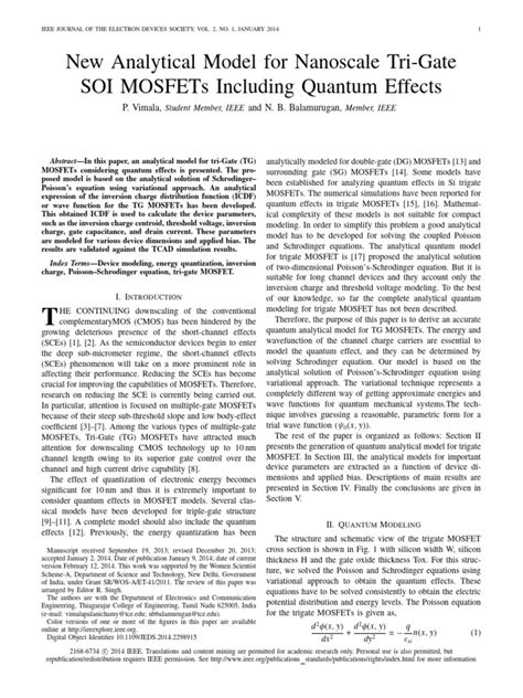 Newanalyticalmodelfornanoscaletri Gatesoimosfetsincludingquantumeffects Pdf Mosfet
