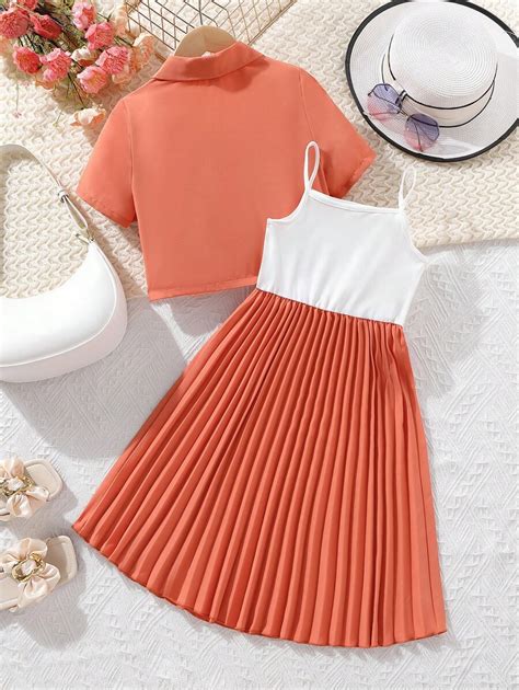 Shein Tween Girl Shawl Collar Blouse And Two Tone Pleated Cami Dress