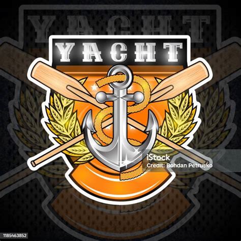 방패에 황금 월계관 화환의 중간에 밧줄과 교차 패들 앵커 칠판에 고립 된 요트 또는 항해 팀 또는 챔피언십스포츠 라벨 강에 대한 스톡 벡터 아트 및 기타 이미지 Istock