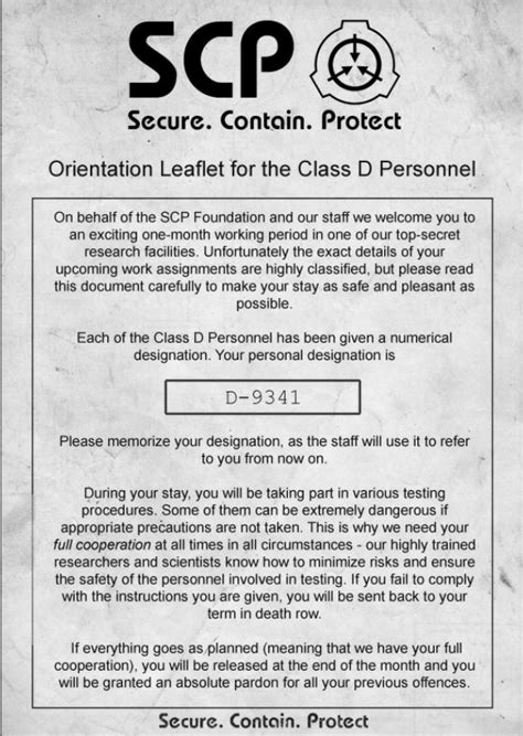 Class D Orientation Leaflet SCP Containment Breach Multiplayer Wiki