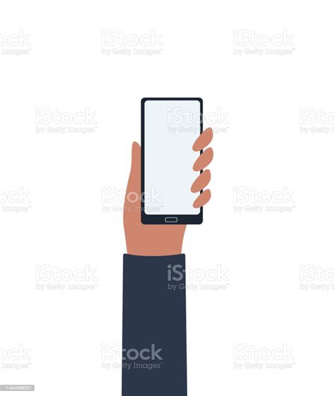 손이 휴대폰을 들고 있습니다 플랫 스타일의 벡터 일러스트레이션입니다 공간 복사 긍정적인 감정 표현에 대한 스톡 벡터 아트 및