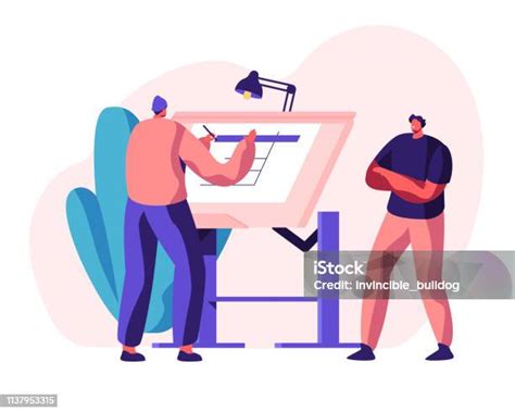 엔지니어 건축가 드로잉 보드에 초안 프로젝트에 작업 건축 제도의 인간 창조 자 직업적인 계획을 투영 하는 사무실 사람 건설 레이아웃 편평한 만화 벡터 일러스트 건설 산업에