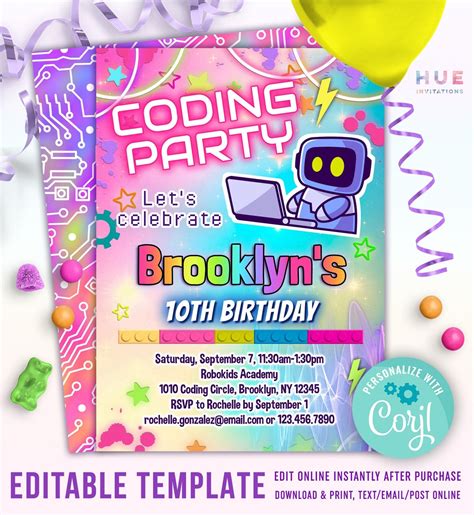 Girls Coding Birthday Party Invitation Computer Coding And Robotics