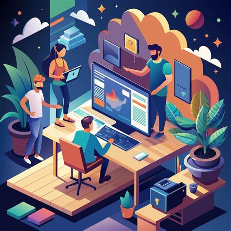 A Poster Of A Computer With A Picture Of People Working On It Premium Ai Generated Vector