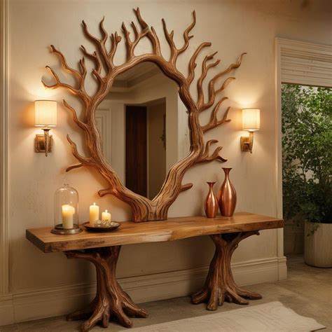 Artistic Tree Shaped Mirror And Console Table For Entryway Or Living
