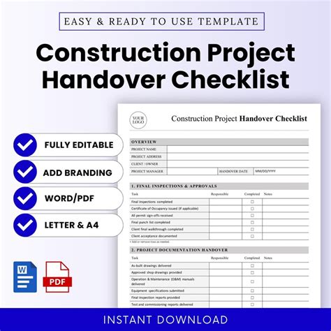 Construction Project Handover Checklist Template Word And Pdf A4 Us