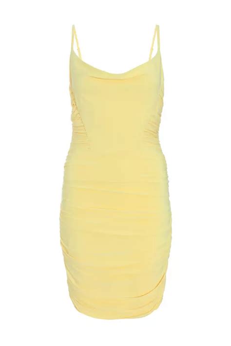 Yellow Ruched Bodycon Mini Dress Quiz Clothing