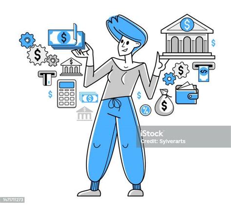 은행 벡터 개요 그림 재무 또는 고객과 함께 일하는 관리자는 예금 또는 신용 개인 저축으로 그녀의 계정을 관리합니다 가계에 대한 스톡 벡터 아트 및 기타 이미지 Istock