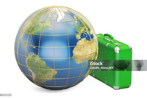 가방와 지구 지구 여행 개념 흰색 배경에 고립 된 3 차원 렌더링 3차원 형태에 대한 스톡 벡터 아트 및 기타 이미지 3차원 형태 가방 개념과 주제 Istock