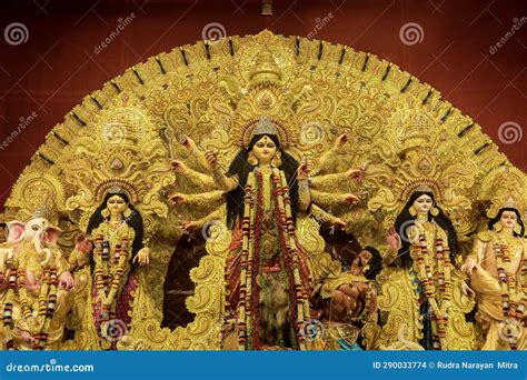 Beautifullly Decorated Durga Puja Idol Inside Puja Pandal With