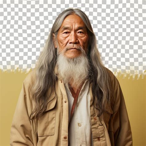 동아시아 민족의 긴 머리카락을 가진 외로운 노인 남자가 광부 의상을 입고 파스텔 크림 배경에 한 어깨 앞으로의 스타일로 포즈를