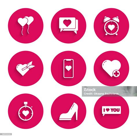 심장 여자 신발 하이힐 연설 거품 사랑해 심장 중앙 스톱워치 Amour와 화살표 알람 시계 및 풍선 형태의 아이콘으로 휴대 전화를 설정합니다 벡터 0명에 대한 스톡 벡터