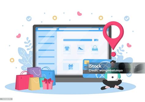 웹사이트 방문 페이지 마케팅 요소 또는 전자 상거래 일러스트레이션 웹 배너 및 디지털 결제를 위한 온라인 쇼핑 플랫 디자인 개념에 대한 스톡 벡터 아트 및 기타 이미지