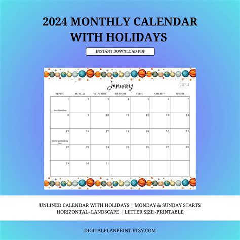 2024 Monthly Calendar With Holidays Printable Planets Design Pdf