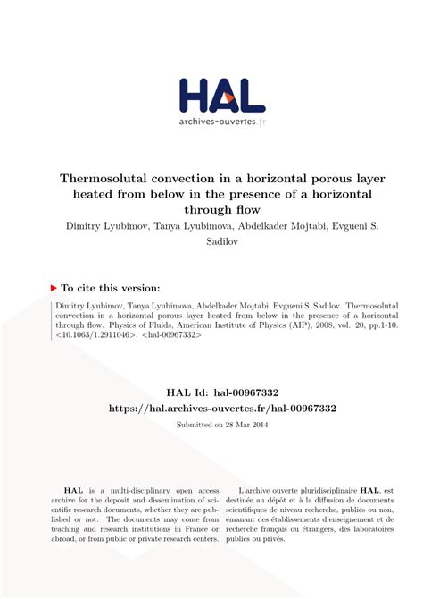 Pdf Thermosolutal Convection In A Horizontal Porous Layer Heated From