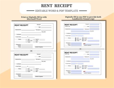 Editable Rent Receipt Template Fillable Pdf And Word Doc Etsy