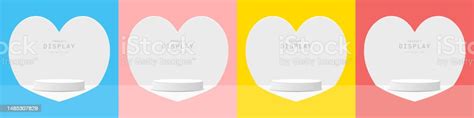 파스텔 블루 핑크 옐로우 레드 배경이 있는 흰색 사실적인 3d 실린더 받침대 연단의 세트는 작은 하트 모양의 최소한의 장면입니다