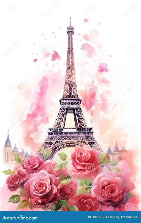 Watercolor Drawing Of The Eiffel Tower With Flowers Generative AI Stock Illustration