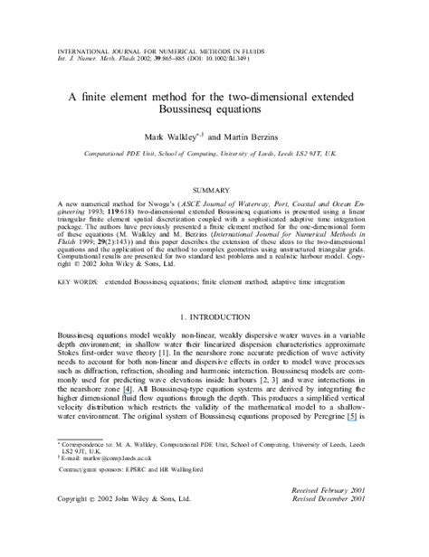 Pdf A Finite Element Method For The Two Dimensional Extended Boussinesq Equations