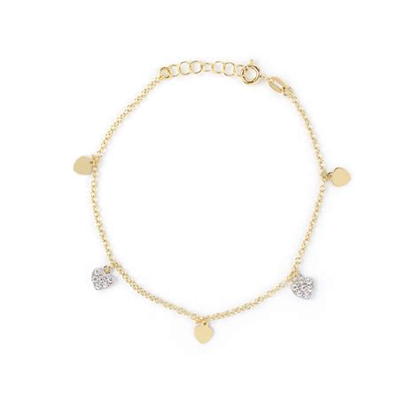 Bracciale in oro giallo con cuori lucidi e pavé di zirconi pendenti