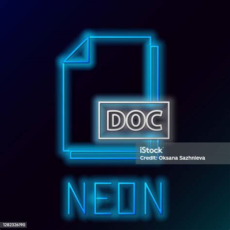 빛나는 네온 라인 Doc 파일 문서 검은 색 배경에서 격리된 문서 단추 아이콘을 다운로드합니다 Doc 파일 확장 기호입니다