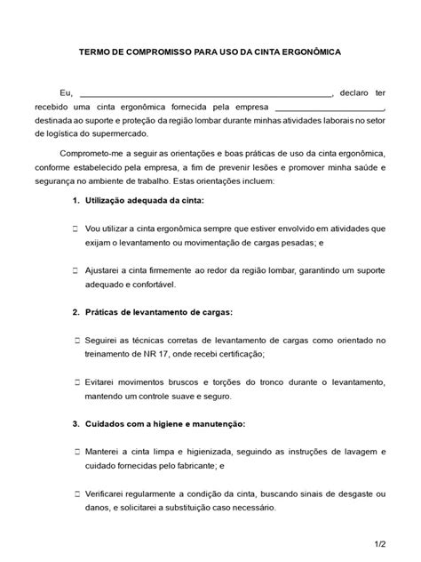 Termo De Compromisso Para Uso Da Cinta Ergonômica Pdf Fatores