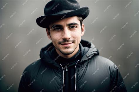 Premium Ai Image A Man In A Black Hat Stands In Front Of A Grey