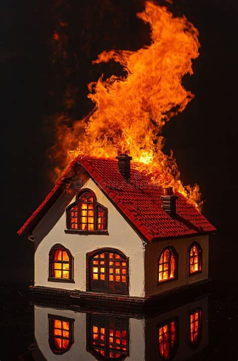 Burning House Model Intense Fire Flames Night High Quality Image Stock