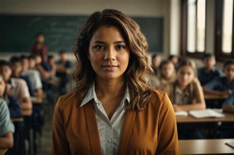 Premium Ai Image A Female Teacher Stands Proudly In Her Classroom Her
