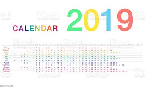 五顏六色的2019年日曆水準向量設計範本 簡單而乾淨的設計向量圖形及更多2018圖片 2018 2019 一月 Istock