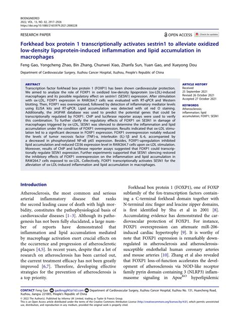 Pdf Forkhead Box Protein Transcriptionally Activates Sestrin To Alleviate Oxidized Low