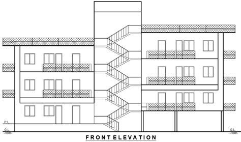 Multi Story Residential Building Front Elevation Design Autocad Dwg With Staircase And Balcony