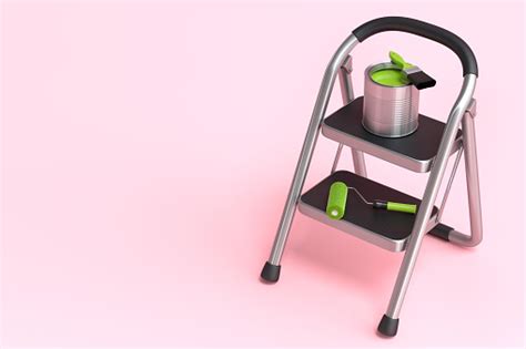 페인트 롤러 브러시 및 분홍색에 접이식 사다리가있는 금속 캔 또는 양동이 세트 3차원 형태에 대한 스톡 사진 및 기타 이미지 3차원 형태 Diy 가정용 장비 Istock