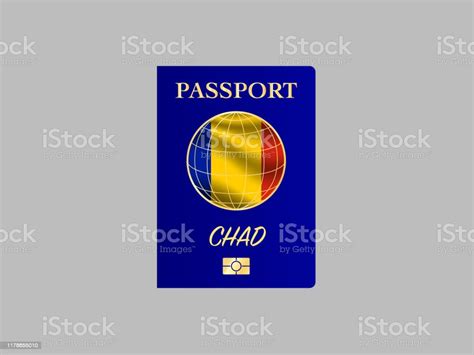 생체 인식 디지털 데이터 칩 사실적인 파란색 커버 아이콘 로고 광고 웹에 대한 황금 글자 벡터 일러스트와 국제 여권 차드 국기 국가 지리적 지역에 대한 스톡 벡터 아트 및