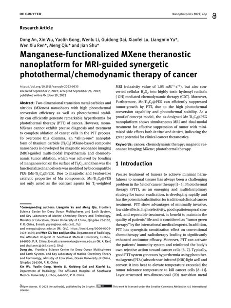 Pdf Manganese Functionalized Mxene Theranostic Nanoplatform For Mri Guided Synergetic