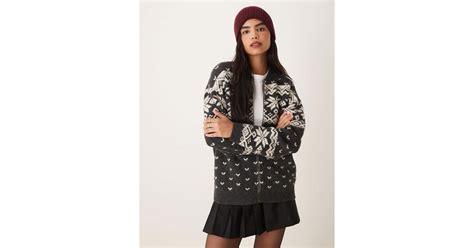 Asos Knitted Collar Zip Through Cardigan With Fair Isle Pattern In