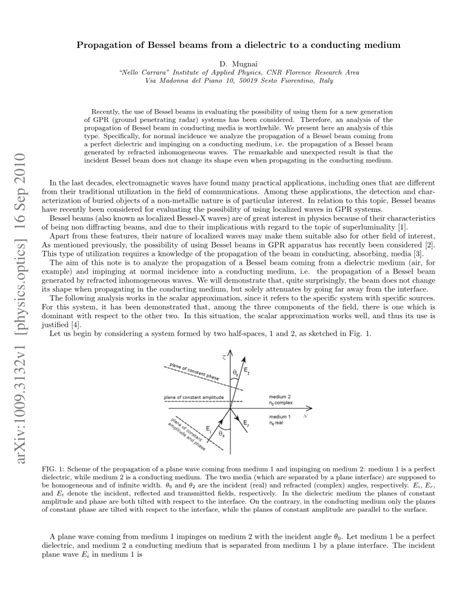 Pdf Propagation Of Bessel Beams From A Dielectric To A Conducting Medium