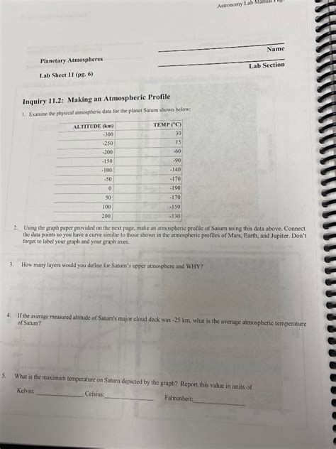 Solved Astronomy Lab Manual Name Planetary Atmospheres Lab