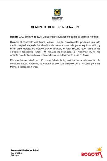 Secretaría De Salud Aclaró Qué Causó La Muerte De Un Asistente Al Doom