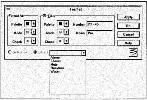 choosing of objects type in format window different possibilities of