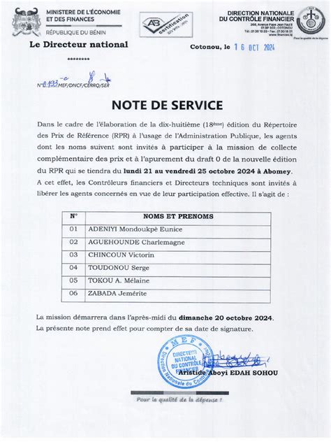 Note De Service 0193 C Mef Dncf Cerrq Ser Du 16 10 2024 Portant Mission De Collecte